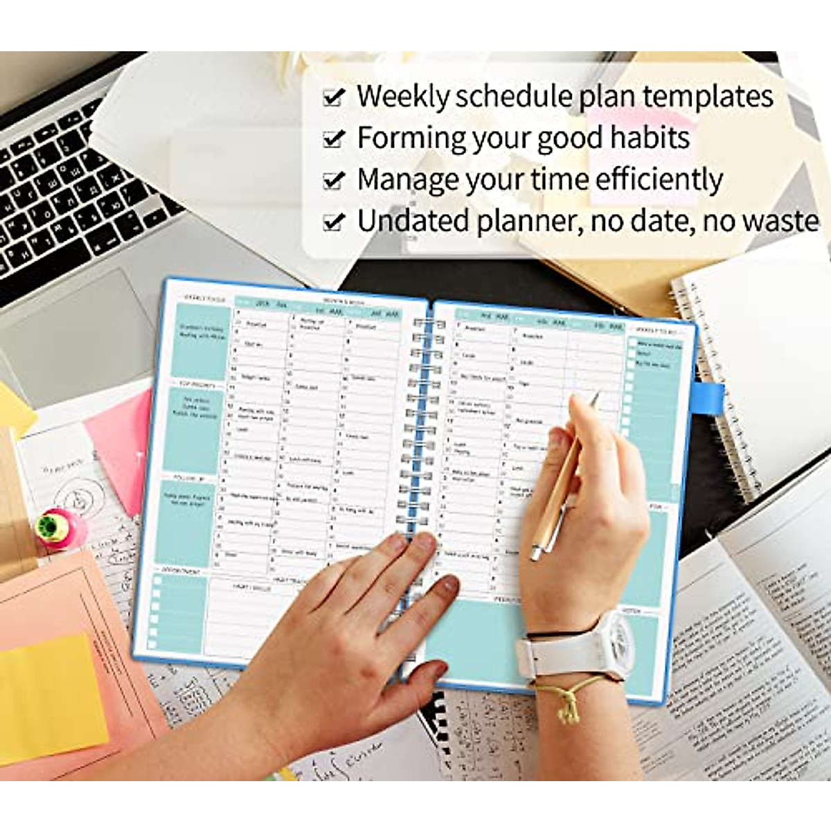 Weekly Schedule Planner Undated with Year Weekly Monthly, Regolden-Book Hourly Appointment Book Academic Planner, 53 Weeks,12 Month Journal Notebook Productivity with Twin-Wire Binding Flexible Cover