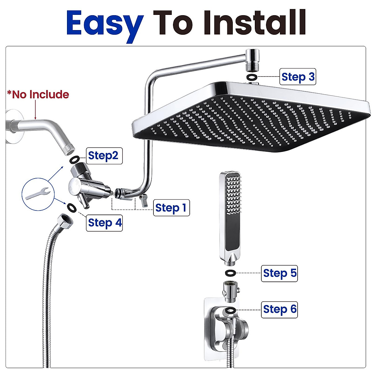 13" Dual Rainfall Shower Head with Handheld Spray Combo, 3 Settings Shower Diverter, Massage Handheld Shower Wand, Adjustable Extension Arm, 71 Inches Extra Long Hose - Polished Chrome