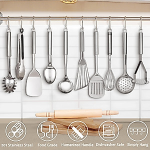 Abodpove Stainless Steel Cooking Utensils Set - 11pcs Kitchen Utensils Set with Holder for Cooking, Stainless Steel Utensils Set with Potato Masher, Skimmer, Spoons, Turners, Whisk, Tongs