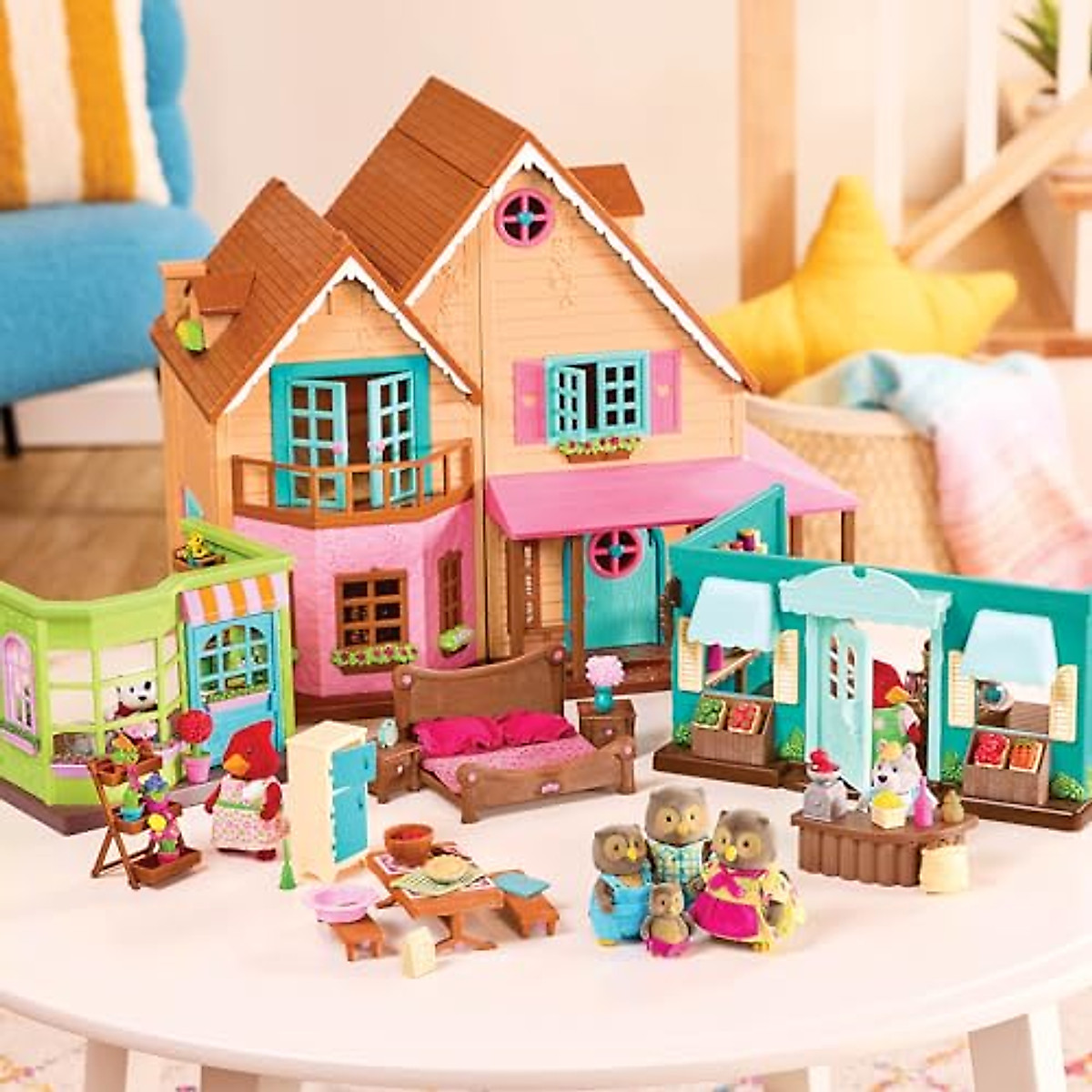 Li'l Woodzeez – General Store Dollhouse Playset 72Pcs – 2 Posable Doll Figures & 1 Storybook Included – Miniature Furnitures & Accessories – Stackable Playset for Kids 3+