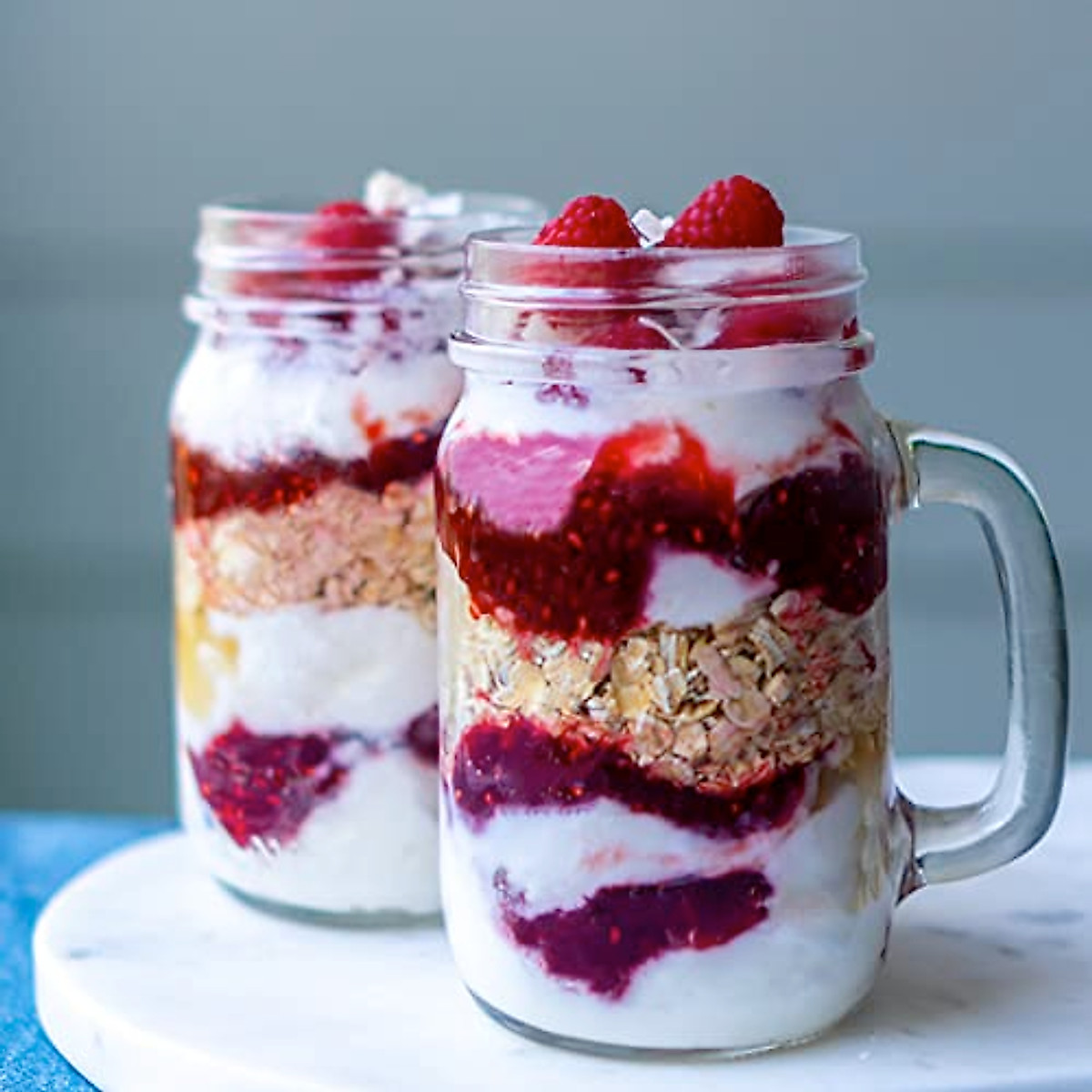 Overnight Oats Containers with Lids 16 oz 2 Pack Glass Mason Jars with Handle and Airtight Silicone Gaskets, Portable Oatmeal Container to Go for Yogurt, Milk, Cereal, Fruit, Salad, Meal Prep-Reusable