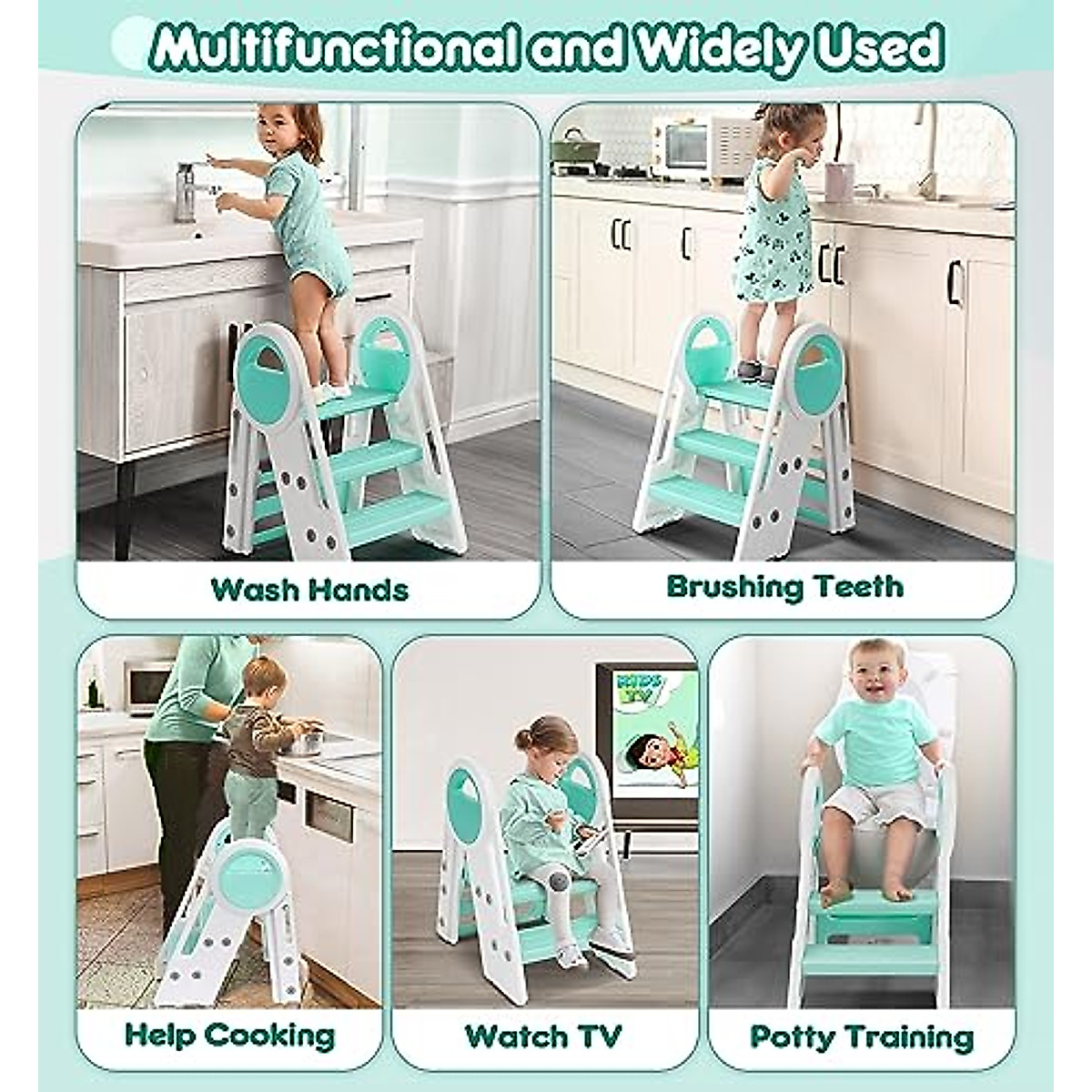 Gimars Upgrade Triple Stability Foldable Adjustable 2 Steps to 3 Steps Toddler Step Stool for Bathroom Sink, Step Stools for Kids with 6 Non-slip Pads,Handles for Toilet Potty Training,Kitchen Counter