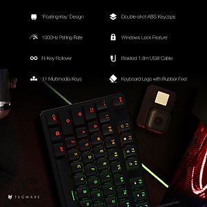 TECWARE Phantom 104 Key Full Size RGB Mechanical Gaming Keyboard with Numpad, LED Backlit, Typewriter Sound, Clicky Switch, Outemu Blue