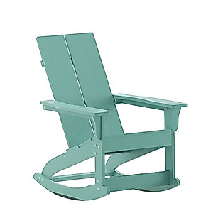 Flash Furniture Finn Modern Commercial Grade Poly Resin Wood Adirondack Rocking Chair - All Weather Sea Foam Polystyrene - Dual Slat Back - Stainless Steel Hardware