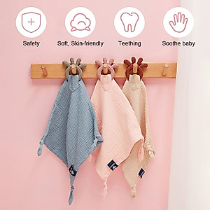 Baby Muslin Security Blanket with Food Grade Silionce Teether,Soothe Teething Toy for Boys and Girls,100% Polyester (Pink)
