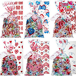 JOYIN 150 Pcs Valentine Gift Bags Long Cellophane Bags with Gift Cards and Twist Ties Valentine Goodies Bags for Valentines Day Party Favors Supplies
