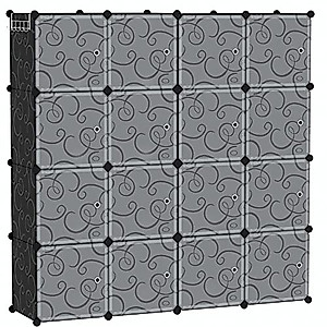 C&AHOME Cube Storage Organizer, 16-Cube Storage Shelving with Doors, Modular Book Shelf, Plastic Shelves Organizing Units, Ideal for Bedroom Living Room 48.4" L × 12.4" W × 48.4" H Black SHS3016B-DOOR