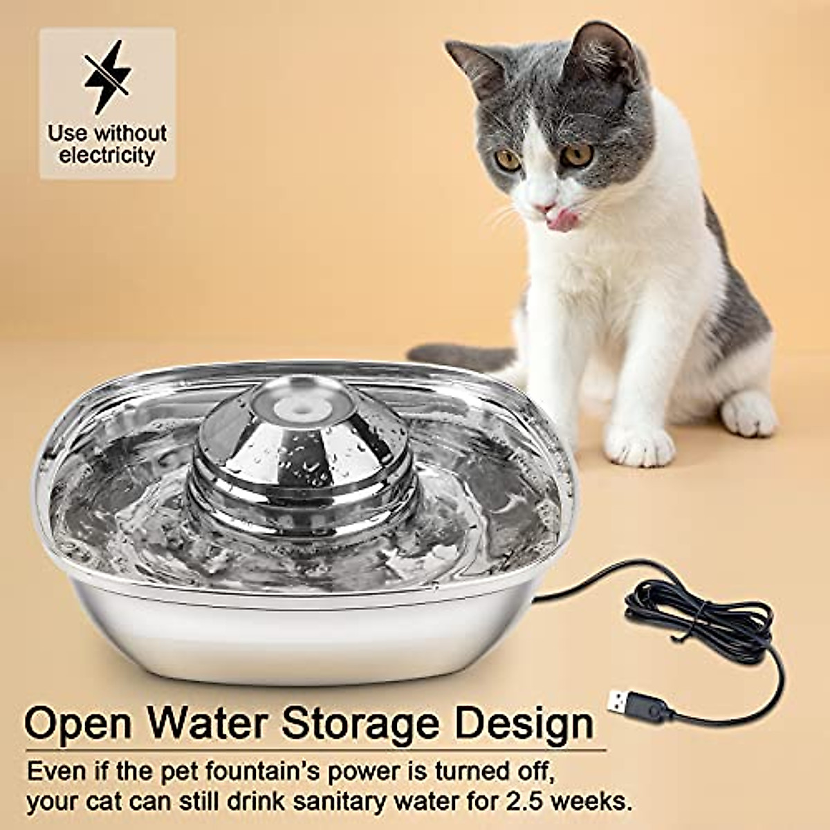 HUICOCY Cat Water Fountain Stainless Steel, 88Oz/2.6L Large Capacity Pet Fountain with Ultra-Quiet Design, 360° Automatic Cat Drinking Fountain Easy Assemble and Clean, Supply Water Even if Power Off