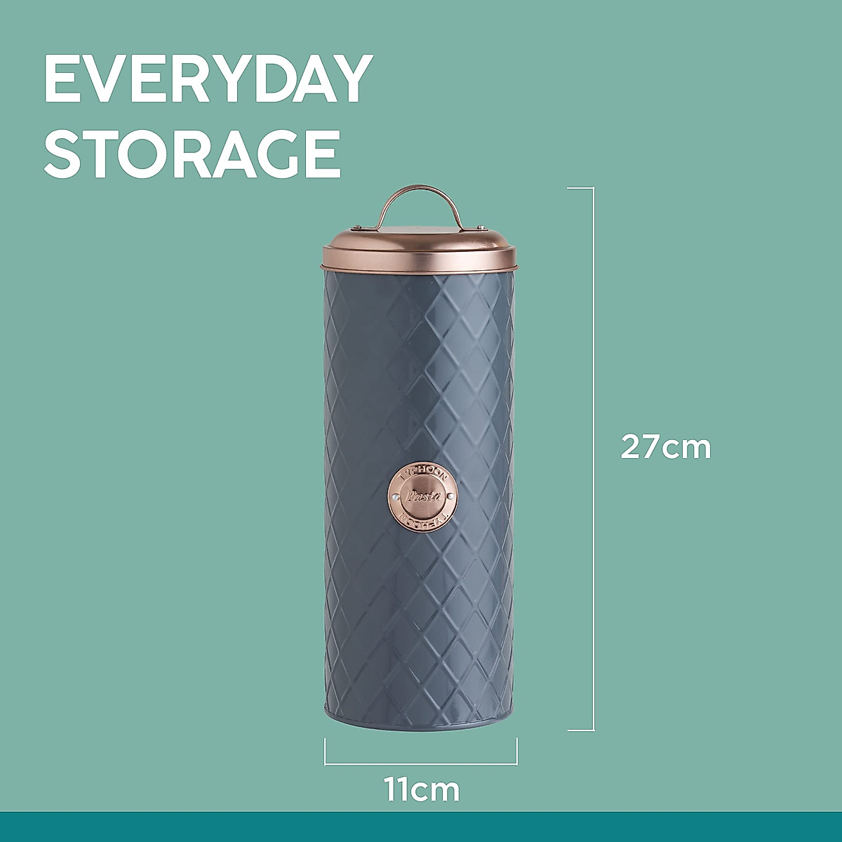 Typhoon 1401.664 Henrik Storage Canister | Hardwearing Coated Steel Tinware with Copper Lid and Badge | Keeps Pasta Fresh for Longer | Grey, 110mm x 110mm x 270mm
