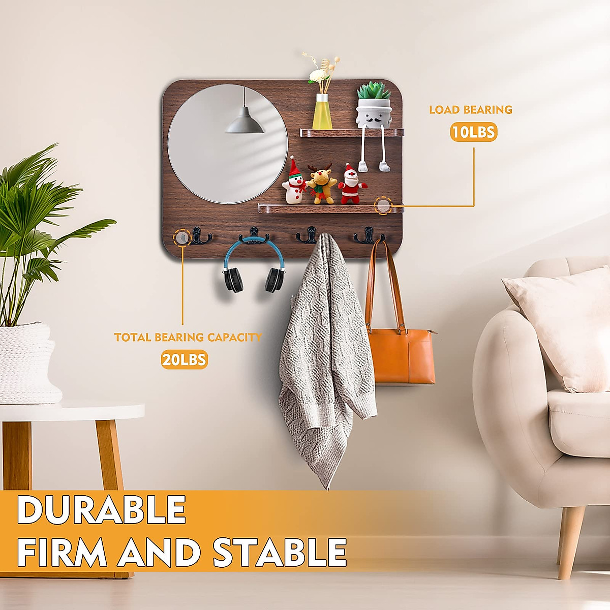 YeadCedle Coat Rack with Shelf Rustic Wooden Wall Mounted Hanging Coat Rack with Mirror Shelf and 4 Double Hooks Decorative Entryway Hook Shelf for Hallway Living Room Bedroom 16"x12" (Brown S)