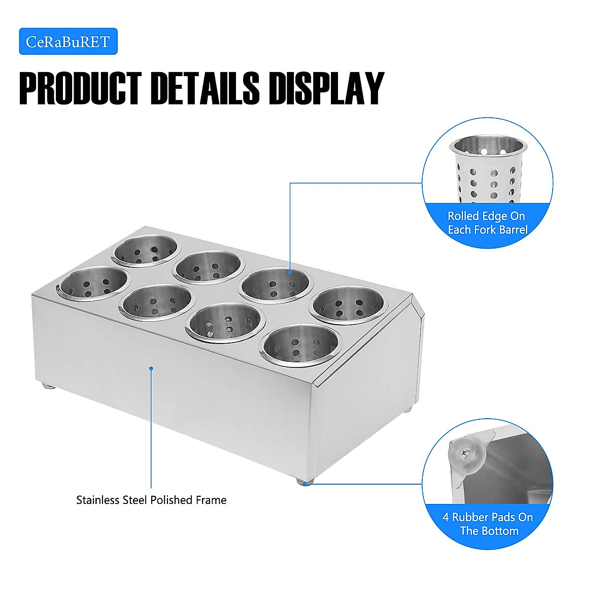 CeRaBuRET Commercial 8-Hole Stainless Steel Cylinder Flatware Silverware Utensil Holder Organizer Restaurant Silverware Organizer Countertop Cylinder Holder For Restaurants, Catering