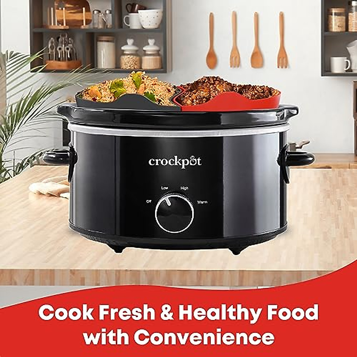 AMR 2in1 Slow Cooker Liners for 5-6 QT Crockpots, Silicone Crockpot Liner for Cooking 2 Dishes, Leak Proof & Dishwasher Safe
