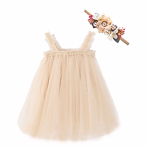 Bow Dream Baby Girls Toddler Tutu Dress Infant Tulle Dress Party Princess Dress with Flower Headband Ivory 0-3 Months