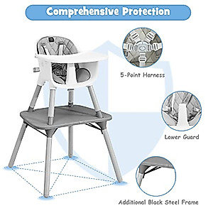 BABY JOY 5 in 1 Convertible High Chair, Infant Dining Chair Booster Seat with Removable Tray, 5-Point Harness, Detachable PU Leather Cushion, Highchair for Babies and Toddlers of 6-36 Months, Gray