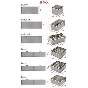 DIOMMELL Set of 21 Foldable Cloth Storage Box Closet Dresser Drawer Organizer Fabric Baskets Bins Containers Divider for Baby Clothes Underwear Bras Socks Lingerie Clothing,Grey 11-4249