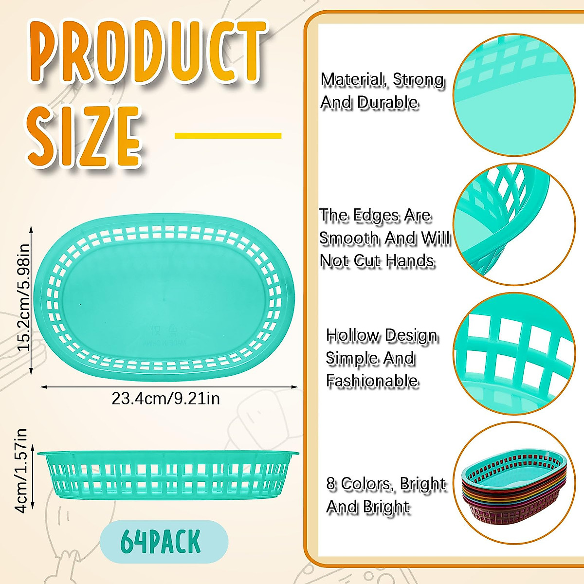 Tenceur 64 Pcs Fast Food Basket 400 Sheets Checkered Deli Liner Plastic Baskets for Food Basket Liners Plastic Food Trays with Parchment Paper for Restaurant Party Hot Dog Bread Burger, 8 Colors