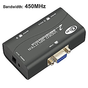 CKLau 450MHz Bandwidth 2 Port VGA Splitter Amplifier Box 1 PC to 2 Monitors SVGA Video Splitter Support 2048 x 1536 Resolution up to 164ft for Screen Duplication