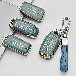 Aideco for Honda Key Fob Cover with Keychain Genuine Leather Crystal Key Case Protector Compatible with 2022 Honda Accord Civic CRV Pilot Odyssey 11th Gen Smart Key Case Holde (Blue)