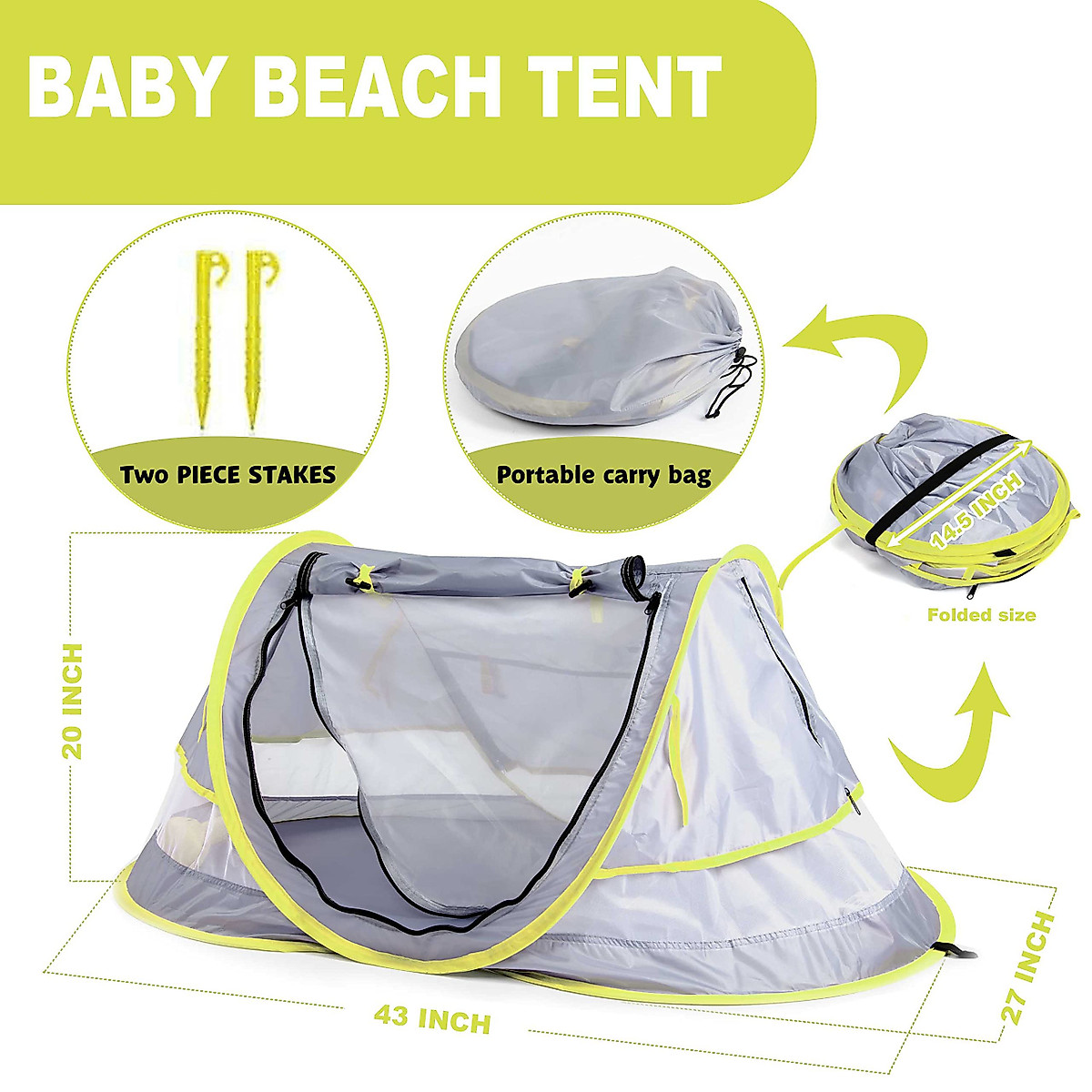 Green Pipe Baby Pop Up Tent - UPF 50+ Sun Shade with Mosquito Net, Beach Umbrella for Girls & Boys