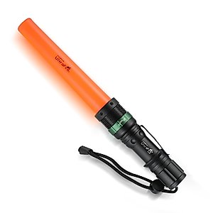 UltraFire 11-Inch Signal Traffic Wand LED Flashlight with Strobe Mode, Wrist Strap Lanyard, 250 Lumens, Orange Finish