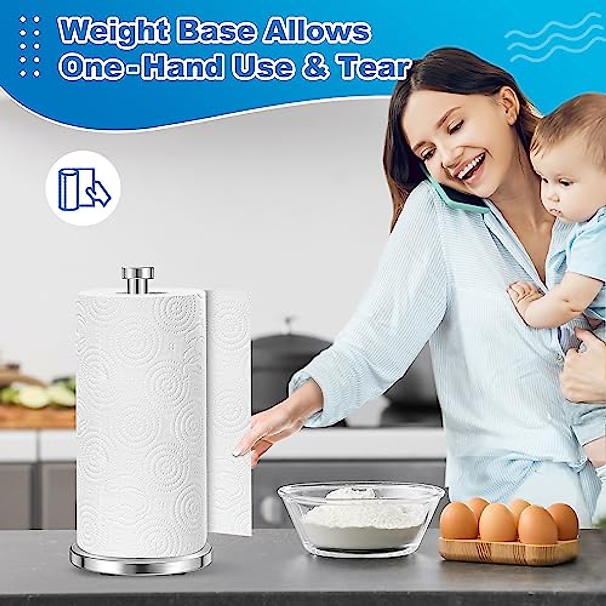 SMARTAKE Paper Towel Holder, Standing Kitchen Roll Holder with Suction Cups, One-Hand Tear Paper Towel Stand, Non-Slip Weighted Base, Fit Most Paper Rolls, for Kitchen Table Countertop, Silver
