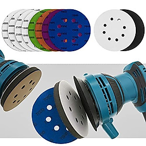 80pcs 5 inch 8 Hole Sanding Discs Hook and Loop 1500/2000/2500/3000/4000/5000/7000/10000 Grits Wet Dry Sandpaper with 2pcs Interface Pad for Random Orbital Sander Automotive Wood Metal Polishing