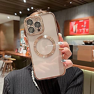 Threehundred for iPhone 14 Pro Max Case Magnetic Clear with Camera Lens Protector Full Protection MagSafe Electroplated Silicone Dust-Proof Net Shockproof Protective Case Cover 6.7 Inch - Gold