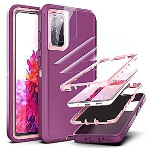 YmhxcY for Galaxy S20 FE Case, Explosion-Proof Film[2 Pack] and Camera Lens Screen Protective Film[2 Pack], 3-in-1 Shockproof Heavy Protection Cover for Galaxy S20 FE 6.5"-Wine Red and Rose Pink