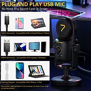 7RYMS USB Microphone Cardioid Condenser Gaming Mic Metal Large Diaphragm Microphone for PC, Computer, Laptop, PS4/5 with Built-in Pop Filter Desk Stand for Podcasting, Streaming, ASMR (SR-USB Mini)