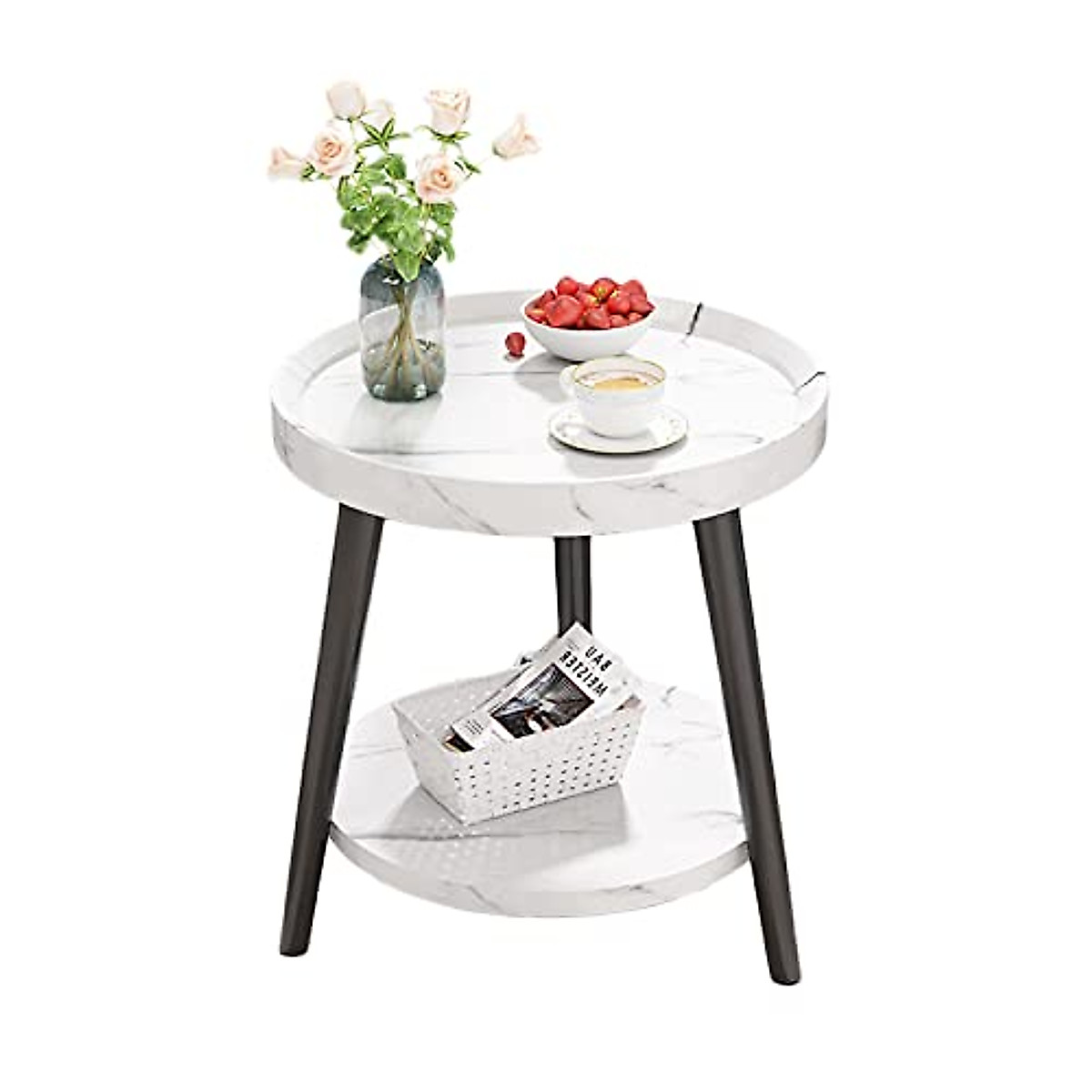 ZHANYUN 2-Tier Round Side Table, Mid Century Modern Small end Table with Storage,Metal Legs & Eco-Friendly MDF Wood,Ideal for Living Room, Bedroom, Outdoor Spaces, and as A Bedside Table (White)
