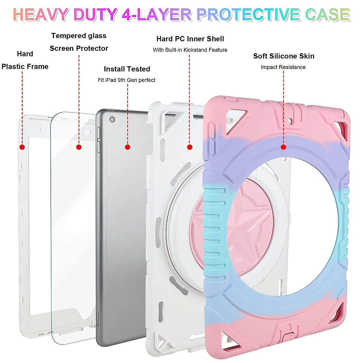 for 9th 8th 7th Generation Case with Screen Protector 360 Rotating Stand/Handle, 10.2 Case with Shoulder Strap Pencil Holder for Kids Hard Stars Cover for 10.2'' (2021/2020/2019)-Pink