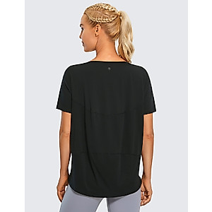 CRZ YOGA Women's Pima Cotton Short Sleeve Shirts Boat Neck Loose Fit Gym Workout T-Shirt Athletic Casual Tops Black Small
