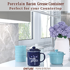 ONTUBE Ceramic Bacon Grease Container with Strainer, Cooking Oil Storage Can Grease Keeper for Kitchen, Navy
