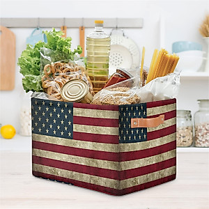Storage Basket American USA Flag, Large Foldable Organizer Storage Bins for Shelves, Sturdy Canvas Cubes Storage Boxes with Handles for Toys Closet Nursery Office Living Room 15" x 11" x 9.5"