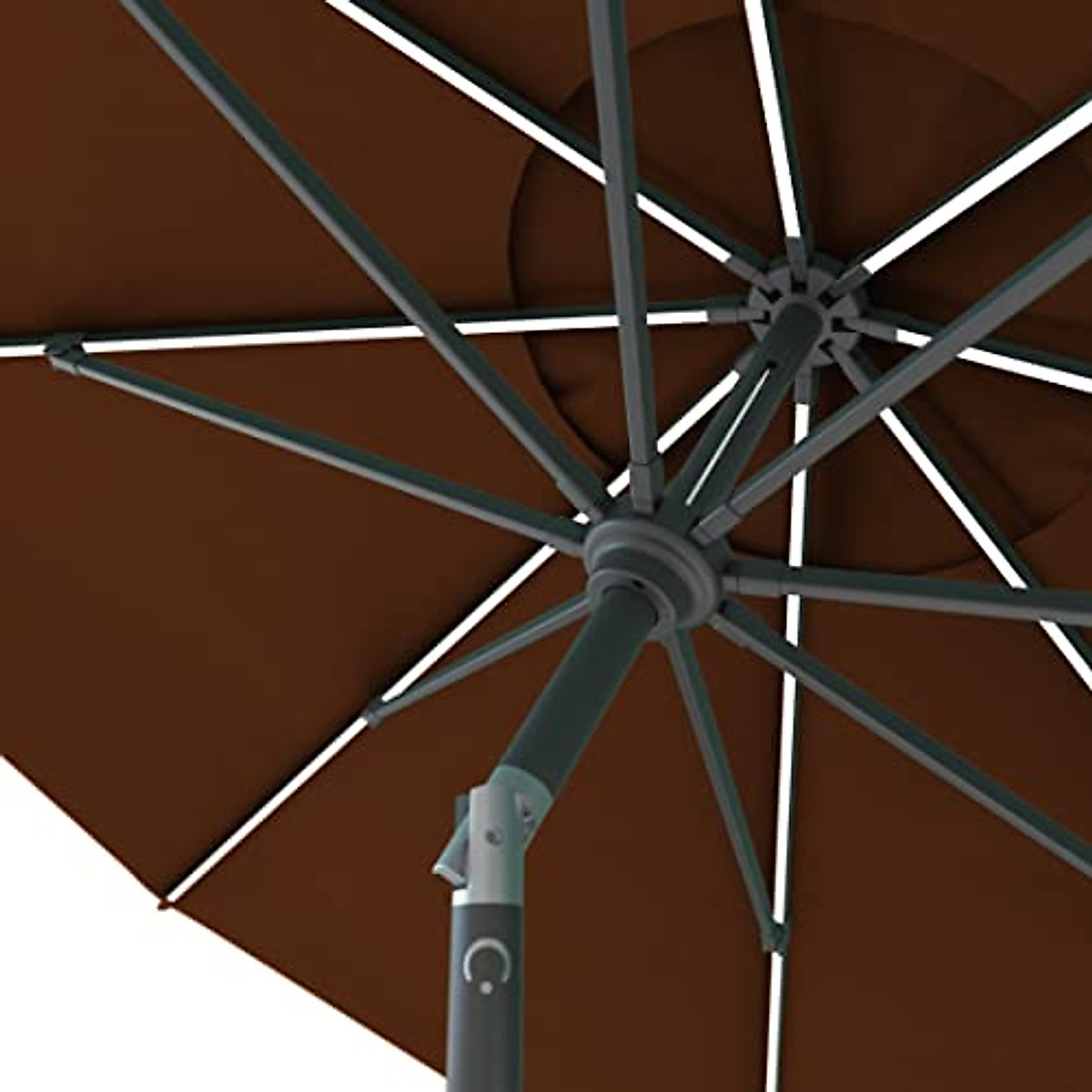 The LED Swilt 10 Feet Outdoor Umbrella With Sunbrella Bay Brown Acrylic Fabric - Auto-Tilt And Swivel Aluminum Frame Patio Umbrella With LED Lights For Deck, Garden, Pool - Black Pole