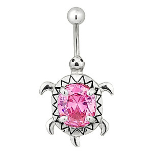Surgical Steel Pink Jeweled CZ Sea Turtle Animal Belly Button Ring