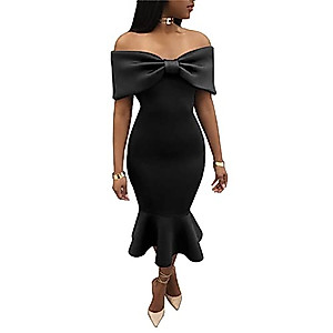 Bodycon Dresses for Women, Sequin Dress Long Sleeve Sun Dresses Women's Maxi Summer Women's Solid Color Sheath Sleeveless Bow Fishtail Dress Sexy Waist Gown Shipping Items Dress (L, Black)