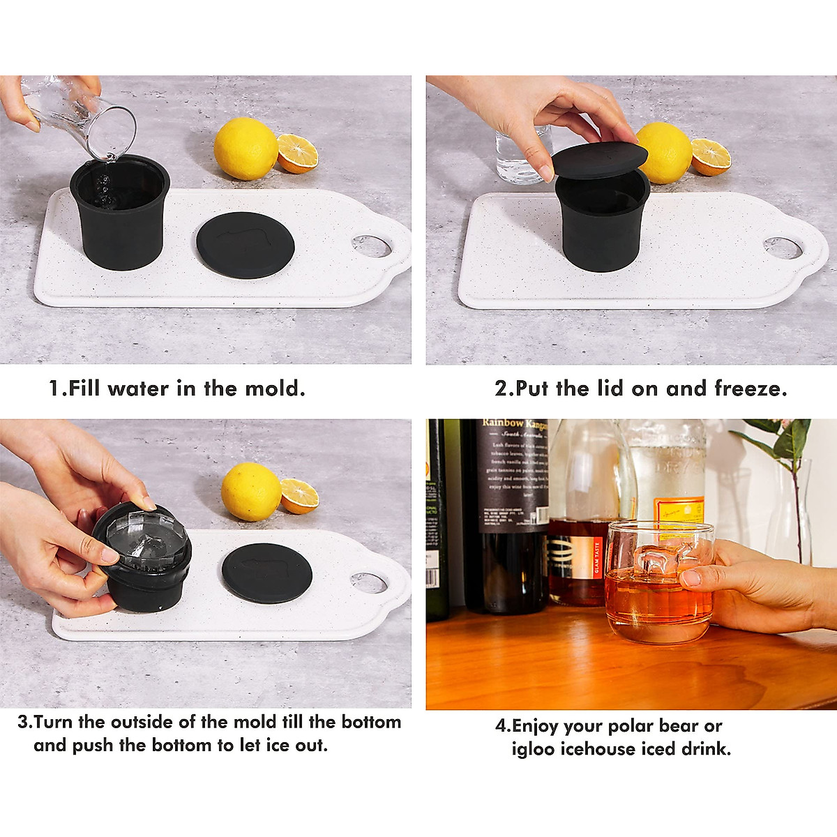 Webake Silicone Individual Ice Mold, 3D Polar Bear Ice Mold Igloo Icehouse Fun Ice Cube Molds with Lid, 4 Pack Round Ice Ball Molds for Whiskey, Cocktails and Juice Beverages