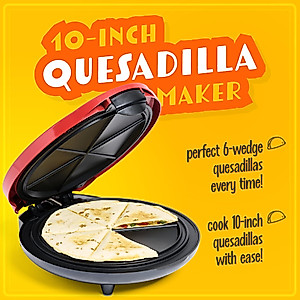 Taco Tuesday Deluxe 10" 6-Wedge Electric Quesadilla Maker with Extra Stuffing Latch, Red