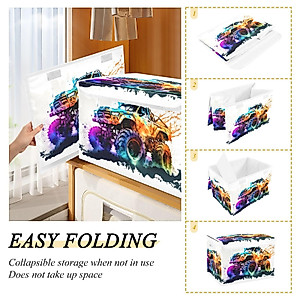 Vnurnrn Storage Bin with Lid Collapsible Rainbow Monster Truck Print, Large Capacity Foldable Storage Basket Cube for Clothes Toys 16.5×12.6×11.8 IN