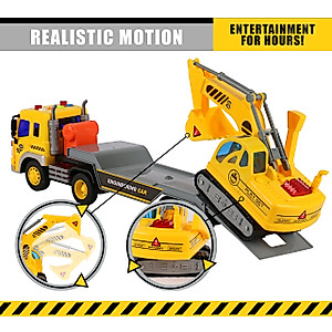 TOYTHRILL Tow Truck with Excavator Toy for Boys 2+ Year Old, Construction Truck Toy with Excavator, Semi Truck with Lights and Sounds, Flatbed Truck Toy Push and Go Construction Vehicle for Kids