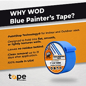 WOD PMT21B Blue Painter’s Tape - 3 inch x 60 yds. (4 Pack). Thick & Wide Masking Tape for Safe Wall Painting, Building, Remodeling, Labeling, Edge Finishing