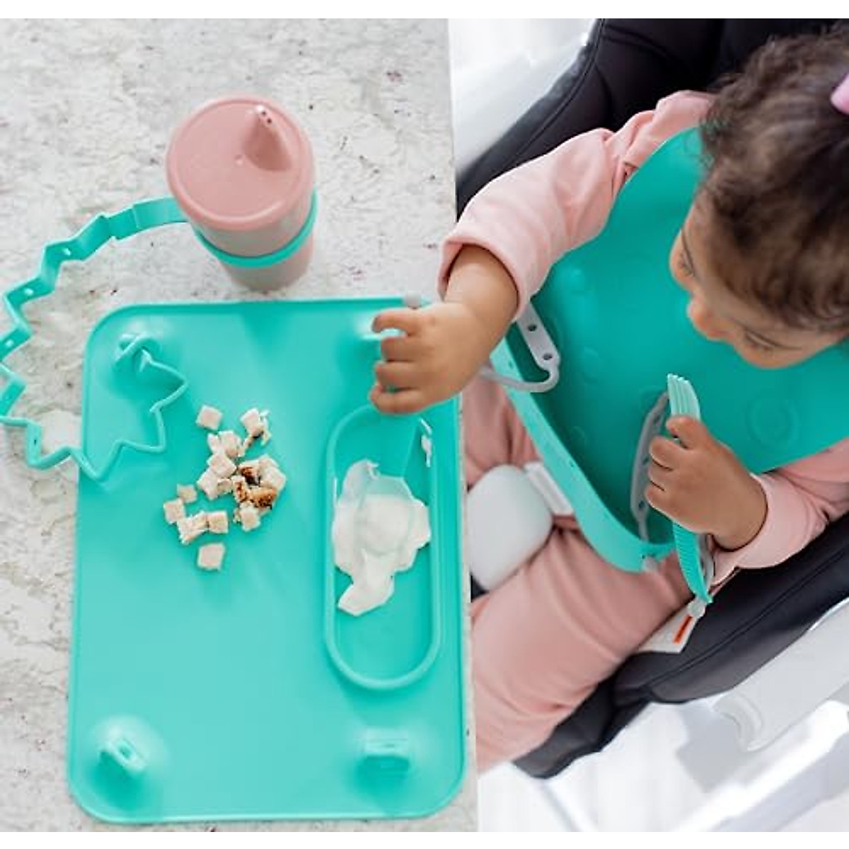 BUSY BABY Silicone Mat - Suction Cups, 4 Straps to Secure Baby Essentials, Self Feeding, Baby Led Weaning, Travel Sleeve Included (Spearmint)