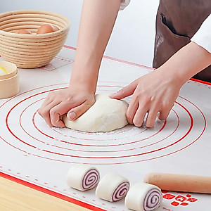 Silicone Dough Mat Non Stick Pastry Mat with Measurement Silicone Mats for Kitchen Counter Reusable Baking Mat Pie Crust Mat with Oil Brush and Dough Scraper(24" x 16",Red)