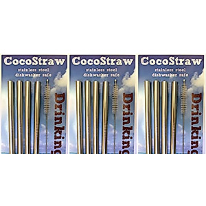 12 Stainless Steel Wide Drink Straws - CocoStraw Large Straight Frozen Smoothie Straw - 12 Pack + 3 Cleaning Brushes