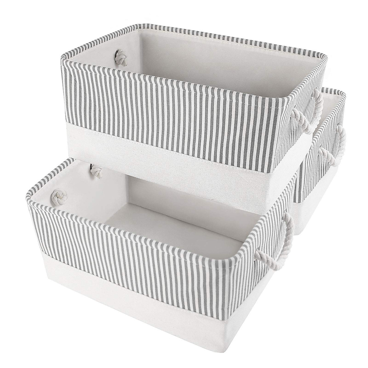 ANMINY 3PCS Storage Baskets Set Large Foldable Canvas Stripe Storage Bin Box with Cotton Rope Handles Decorative Plush Toys Clothes Towel Laundry Shelf Organizer Containers - Large, Dark Gray