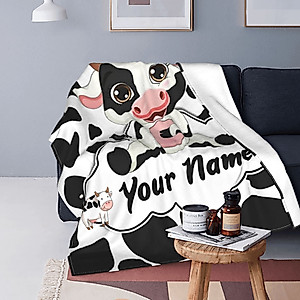 KSUPER Personalized Cow Print Blanket with Name Custom Black White Cute Cow Print Throw Blankets for Baby Girls Boys Kids Daughter Sofa Christmas Birthday Gifts