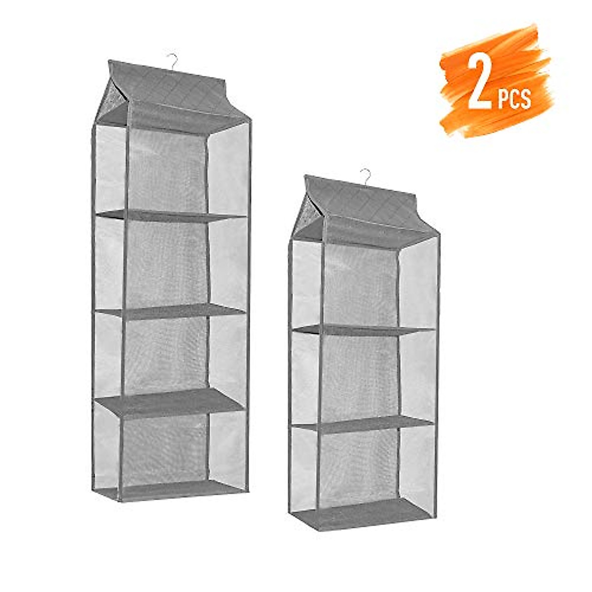 souG 2 Pack Hanging Handbag Purse Organizer for Closet, Purse Bag Storage Holder for Wardrobe Close with 1pcs 4 Shelves Space and 1pcs 3 Shelves Space Saving Purse Organizers System (Grey)