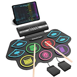 9 Pads Electronic Drum Set, 19×13 Inch Roll-Up Drum Portable Drum Pad Kit With MIDI Education Function, Built-in Speaker, Supports headphone/Bluetooth, Great Holiday Birthday Gift for Kids – Colorful
