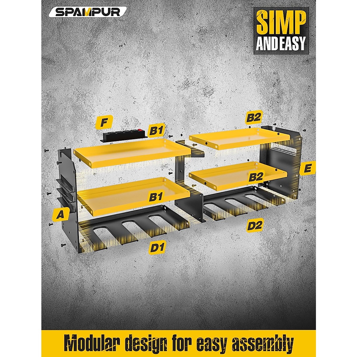 Spampur Power Tool Organizer Wall Mount with Charging Station, Garage Tool Shelf 6 Drill Holders, Tool Battery Holder with Screwdriver Heavy Duty Rack, Tool Storage Rack with 4 Outlet Power Strip